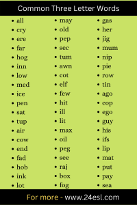 Common Three Letter Words - 24esl.com